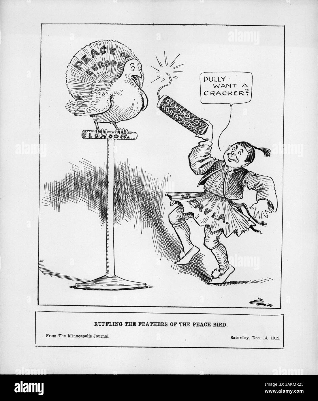 A political cartoon featuring a costumed man labeled 'Servia' carrying ...