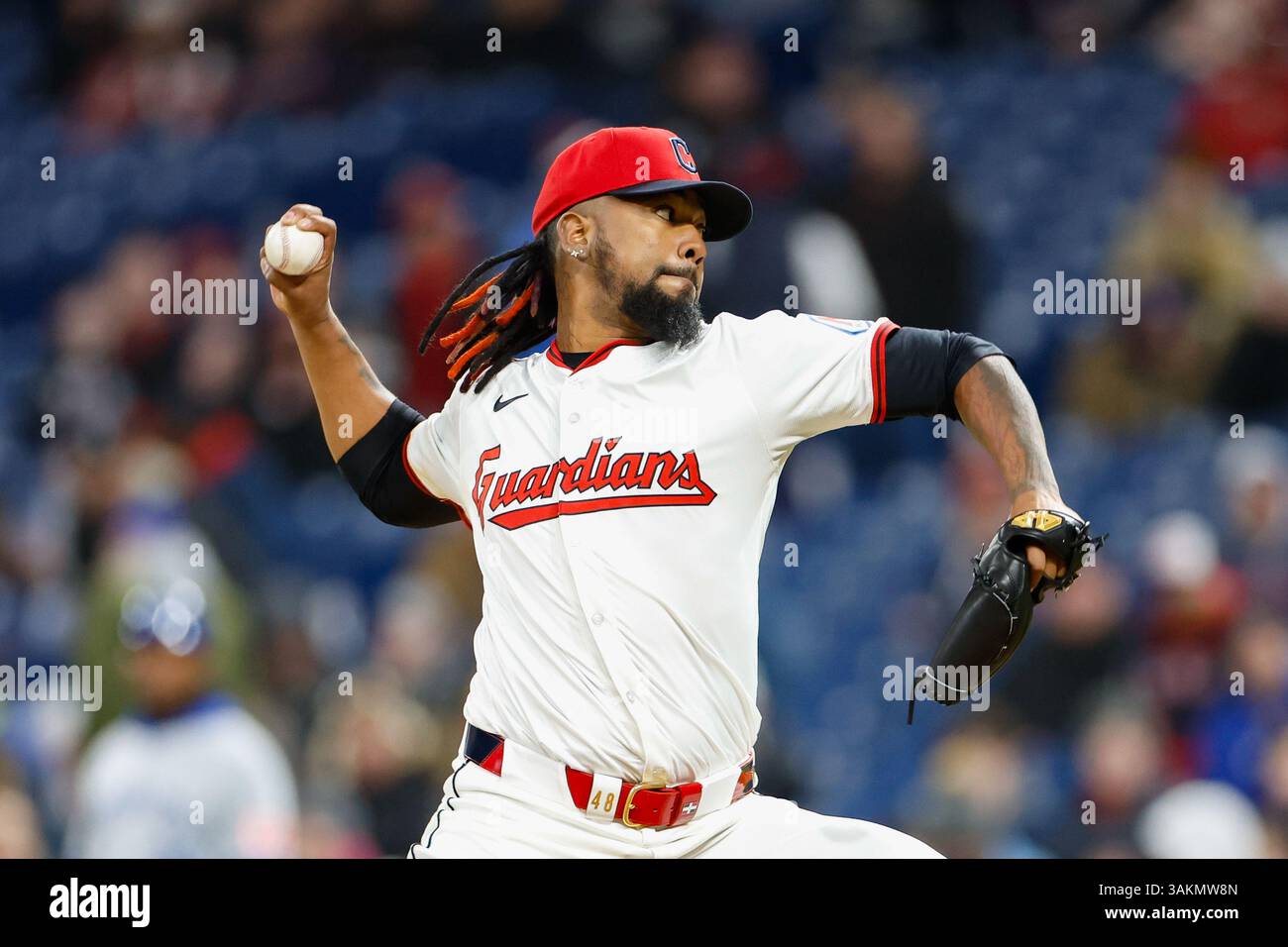 April 12, 2025: Cleveland Guardians pitcher Emmanuel Clase (48) pitches ...