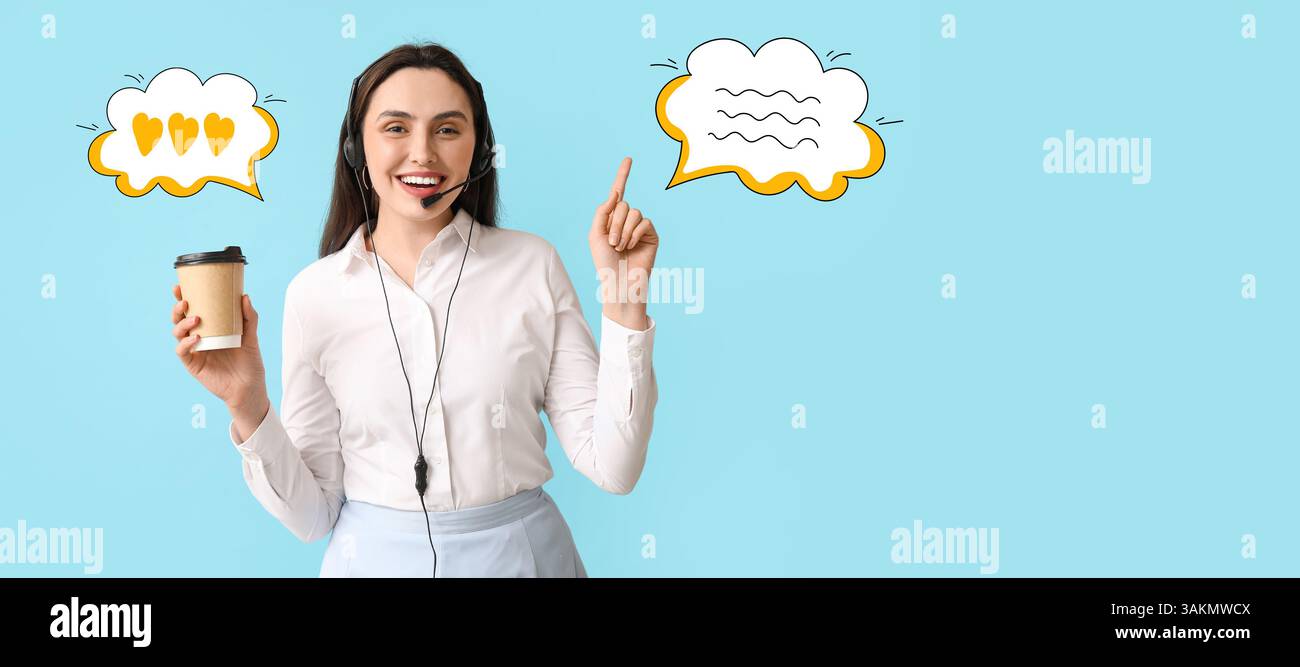 Female technical support agent and speech bubbles on light blue ...