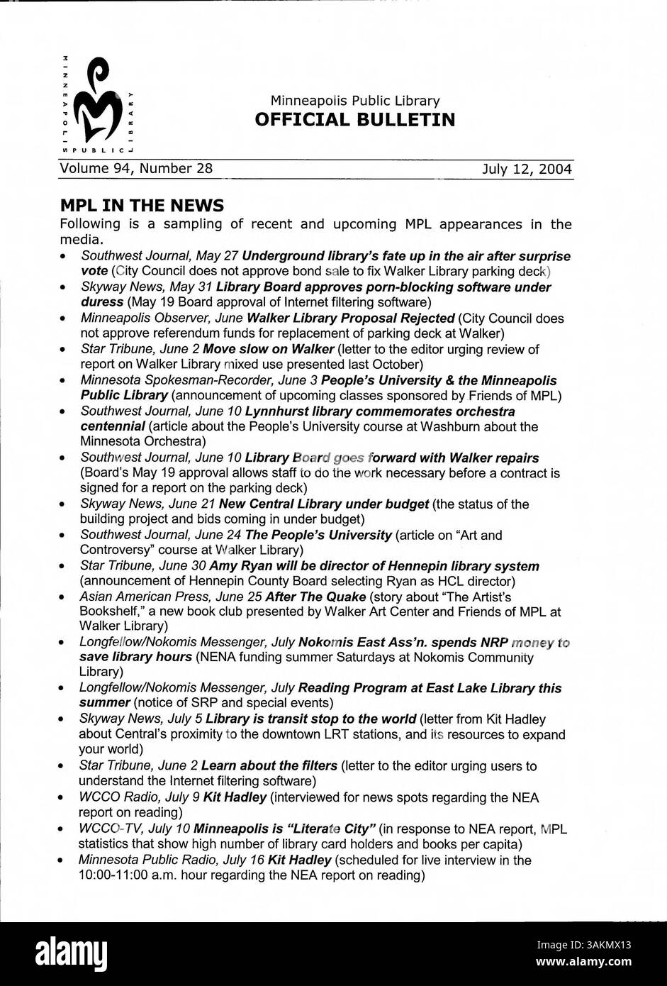 The 2004 Minneapolis Public Library Official Bulletin provides weekly ...
