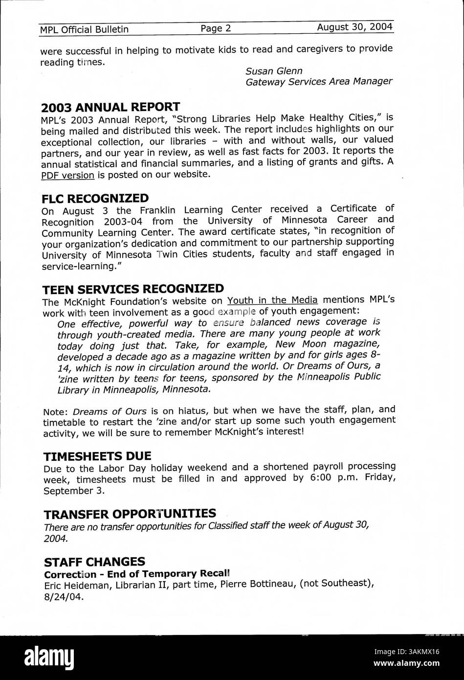 The 2004 Minneapolis Public Library Official Bulletin offers weekly ...