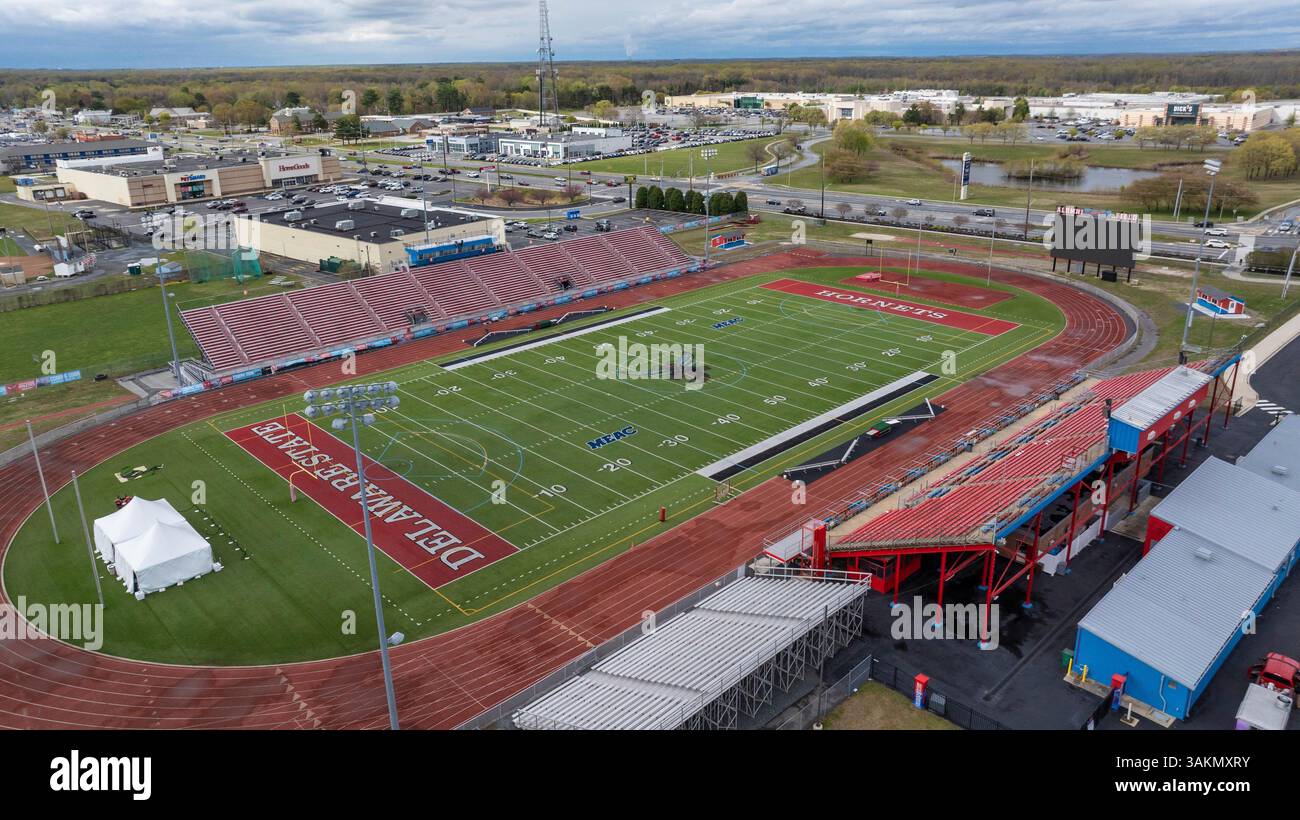 April 12, 2025, Dover, Delaware, U.S.A.: Aerial view of Alumni Stadium ...