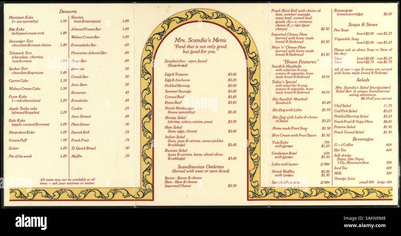 Featuring a tri-fold laminated design, Mrs. Scandia's Kaffestue and ...