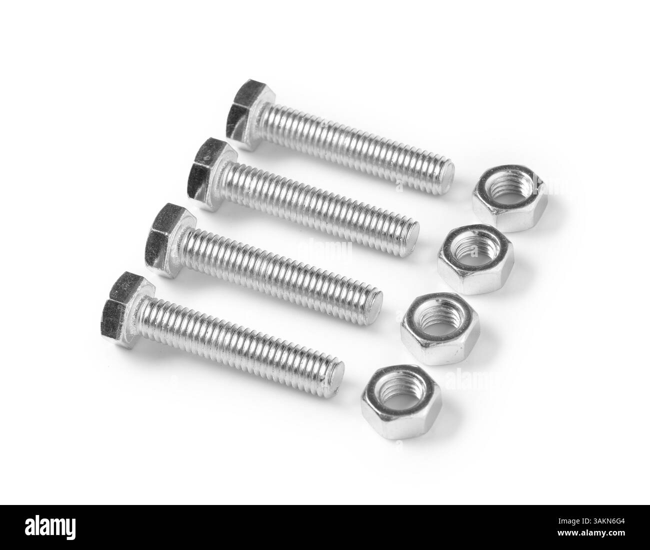 Row of tap bolts with chrome nuts isolated on white background Stock ...