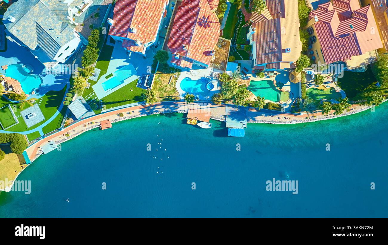 Aerial Top Down Luxurious Waterfront Homes with Pools in Las Vegas Fly ...