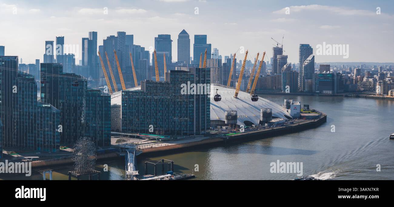 Aerial View of London Featuring O2 Arena and Canary Wharf Skyline Stock ...