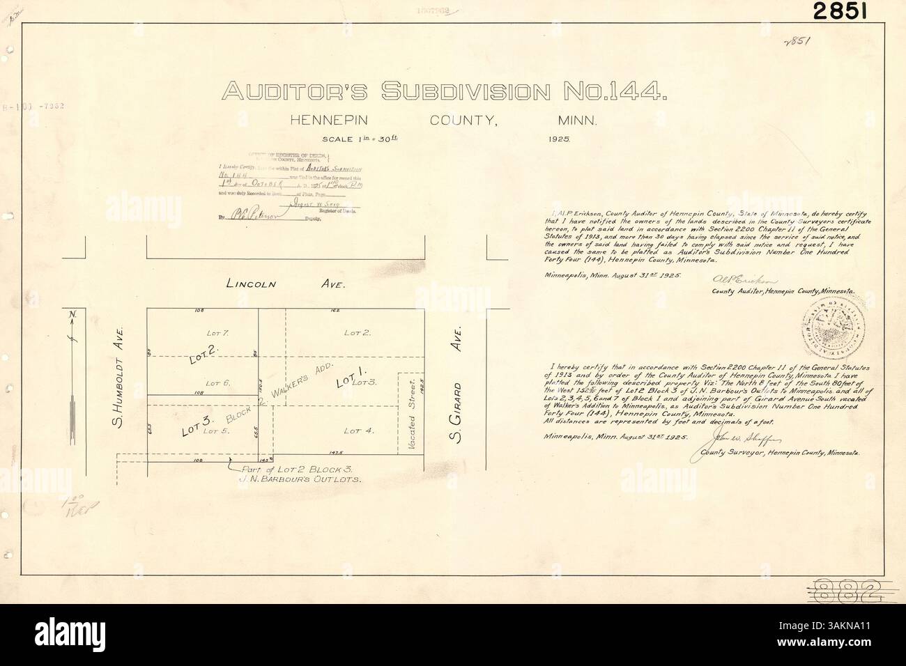 The Auditor's Subdivision No. 144, a legal description of land parcels ...