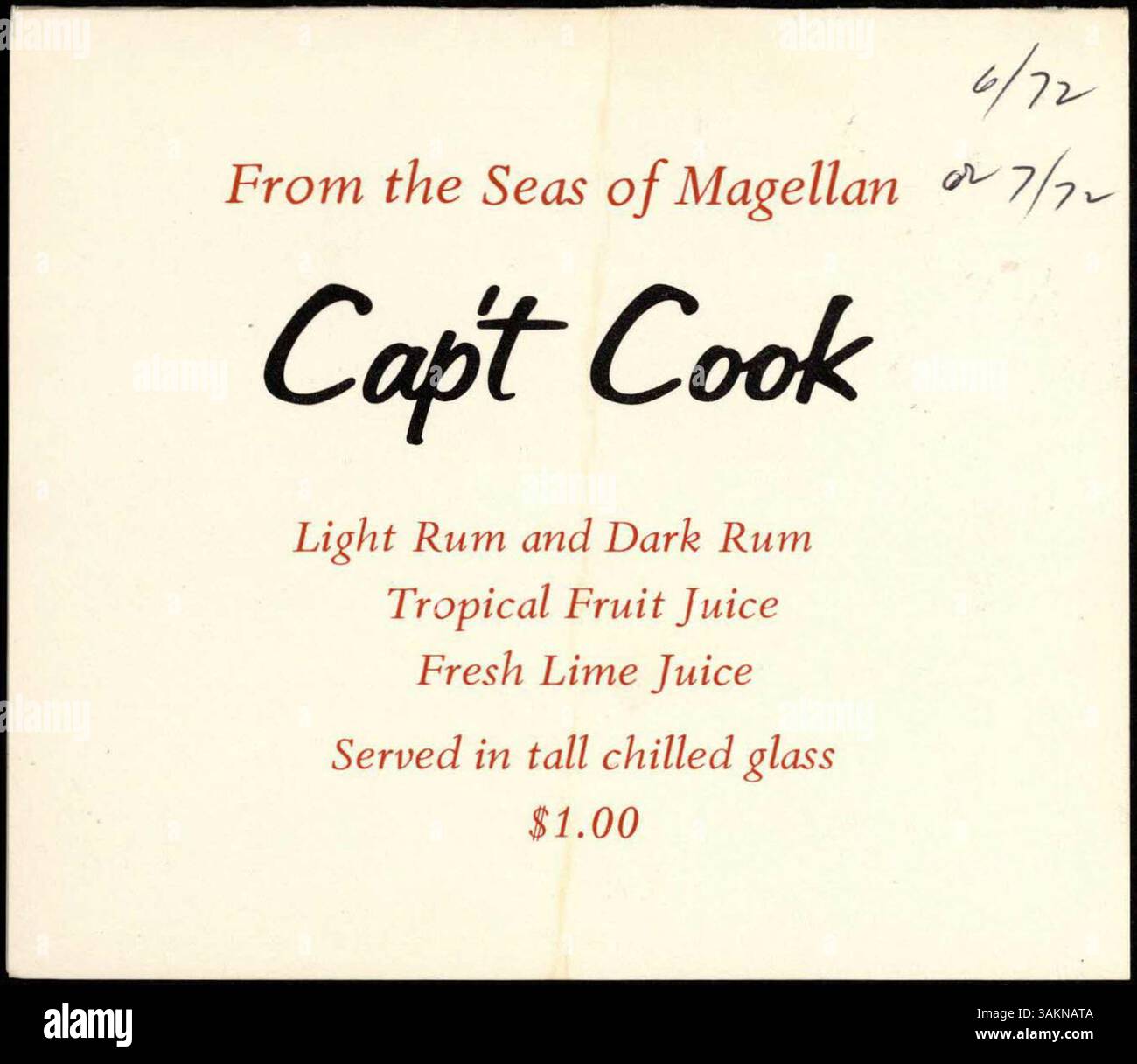 A white tent card printed in red and black, featuring a rum cocktail ...