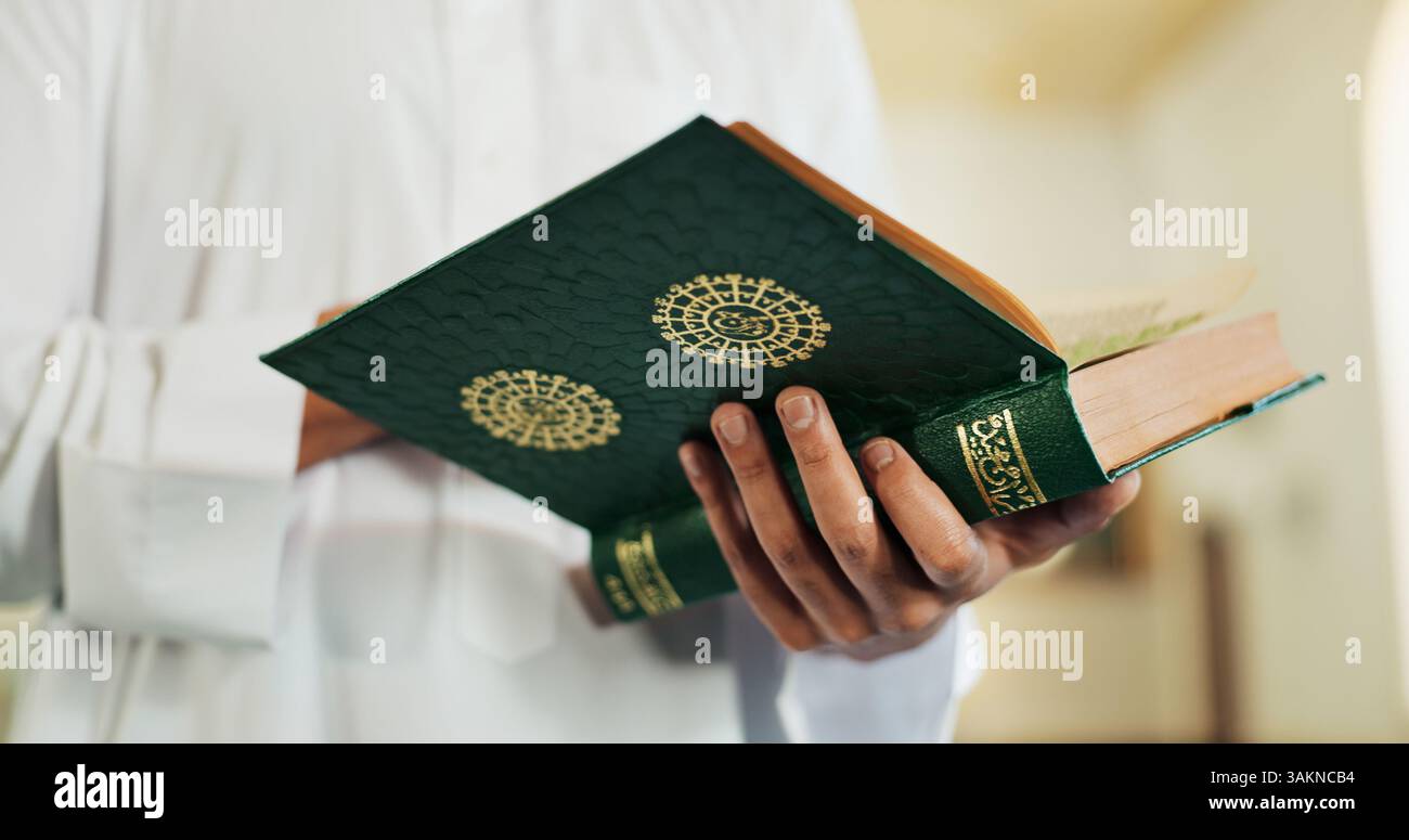 Islamic person, hands and Quran in temple for learning, studying and ...