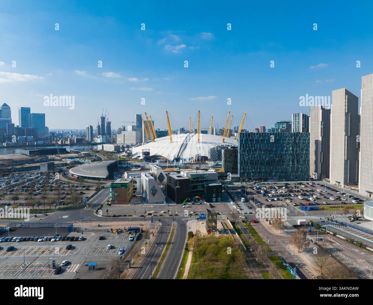 Aerial View of London Featuring O2 Arena and Canary Wharf Skyline Stock ...