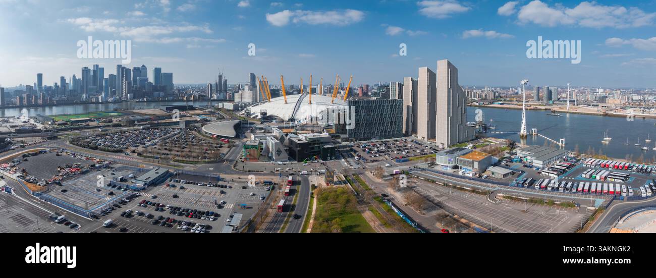 Aerial View of London Featuring O2 Arena and Canary Wharf Skyline Stock ...