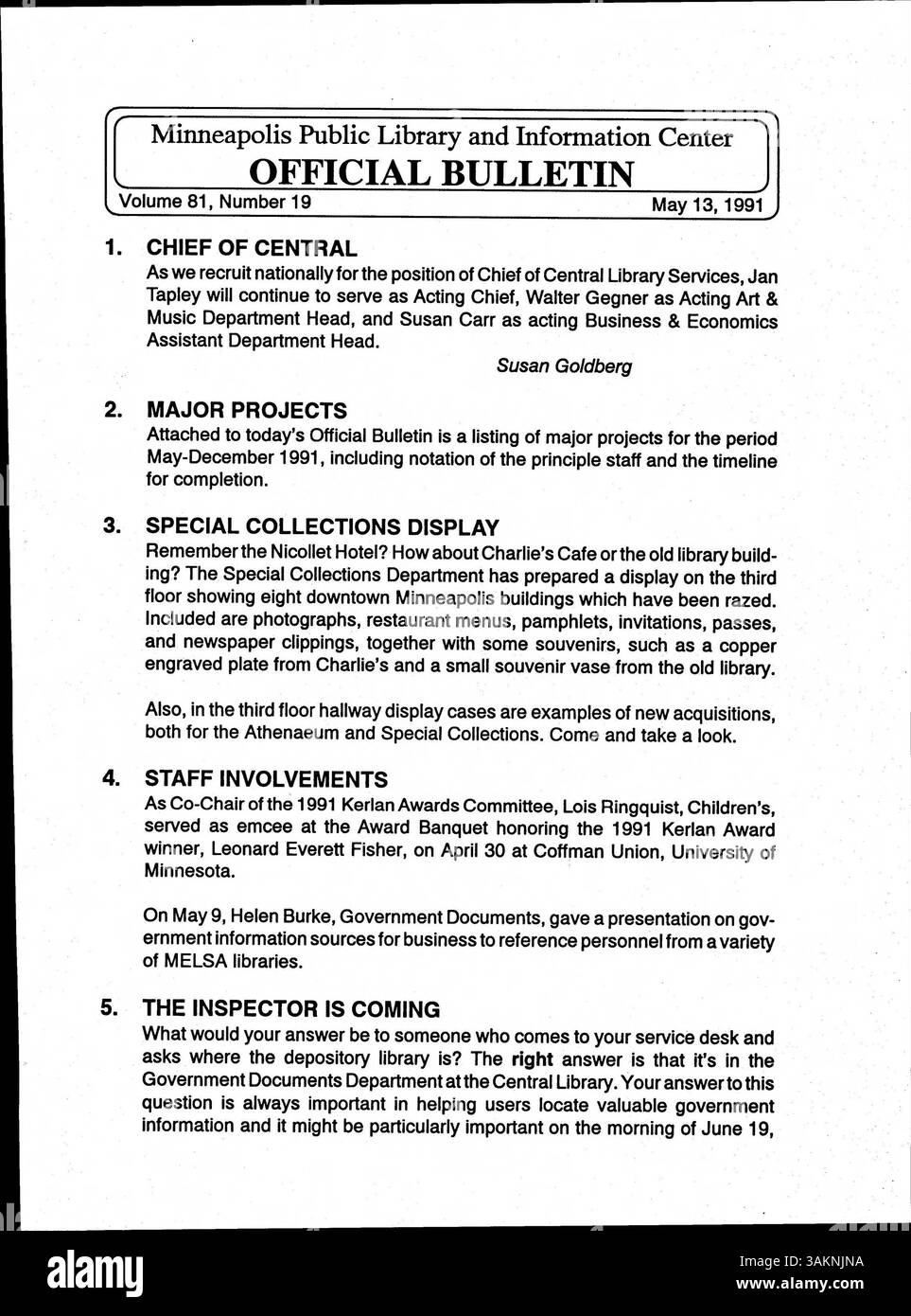 The 1991 edition of the Minneapolis Public Library Official Bulletin provides essential weekly ...