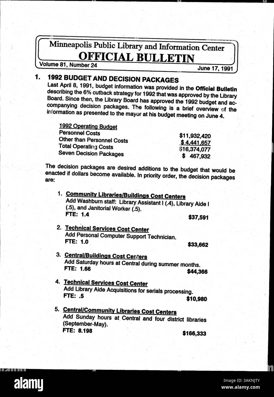 This edition of the 1991 weekly bulletin for the Minneapolis Public ...