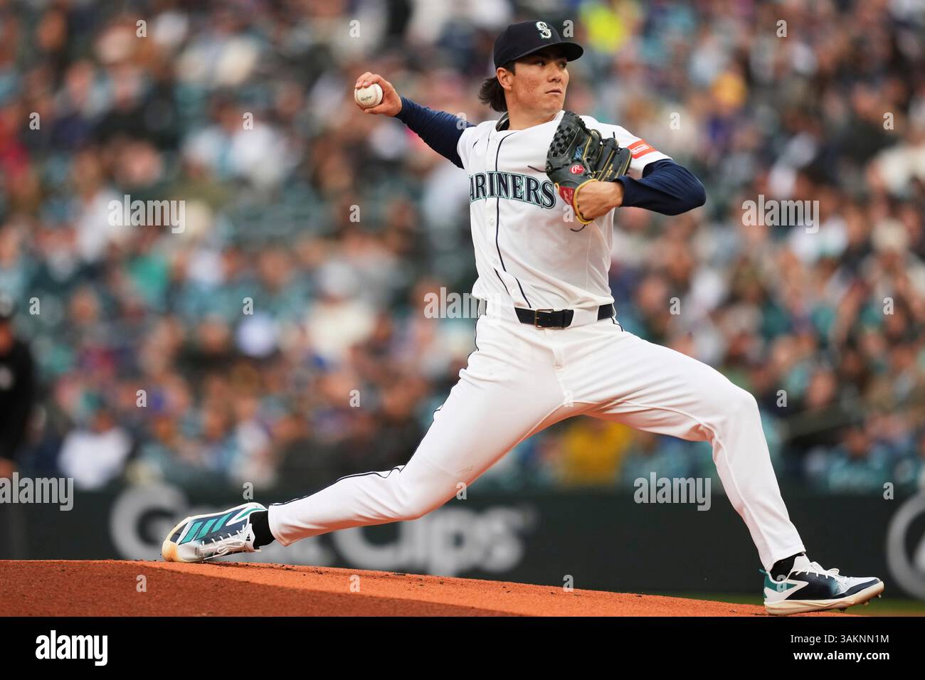 Seattle Mariners starting pitcher Bryan Woo throws against the Texas ...