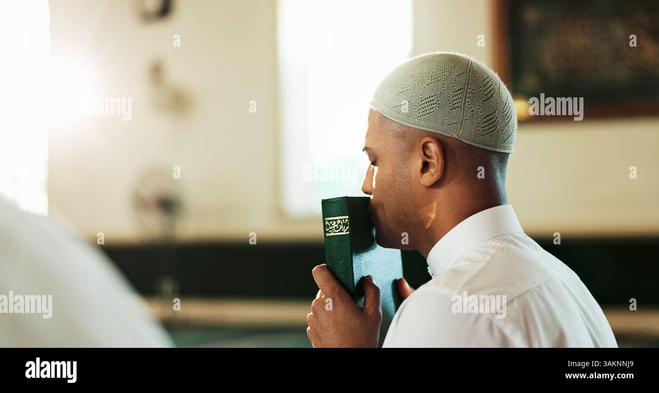 Kiss, man and Quran in mosque for Muslim faith, studying and spiritual ...