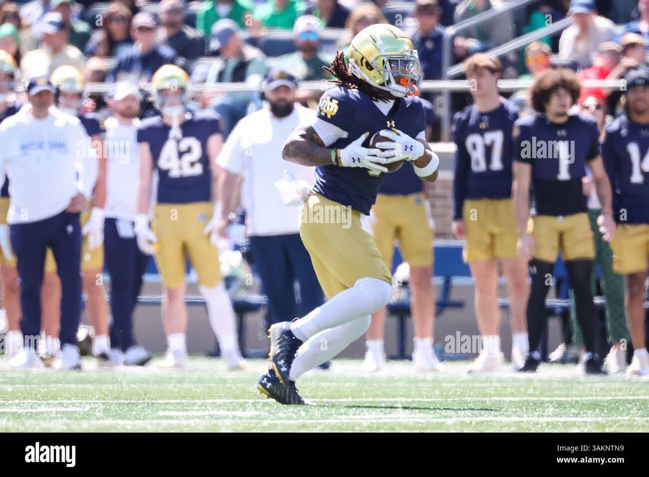 April 12, 2025: Notre Dame running back Gi'Bran Payne (3) runs with the ...