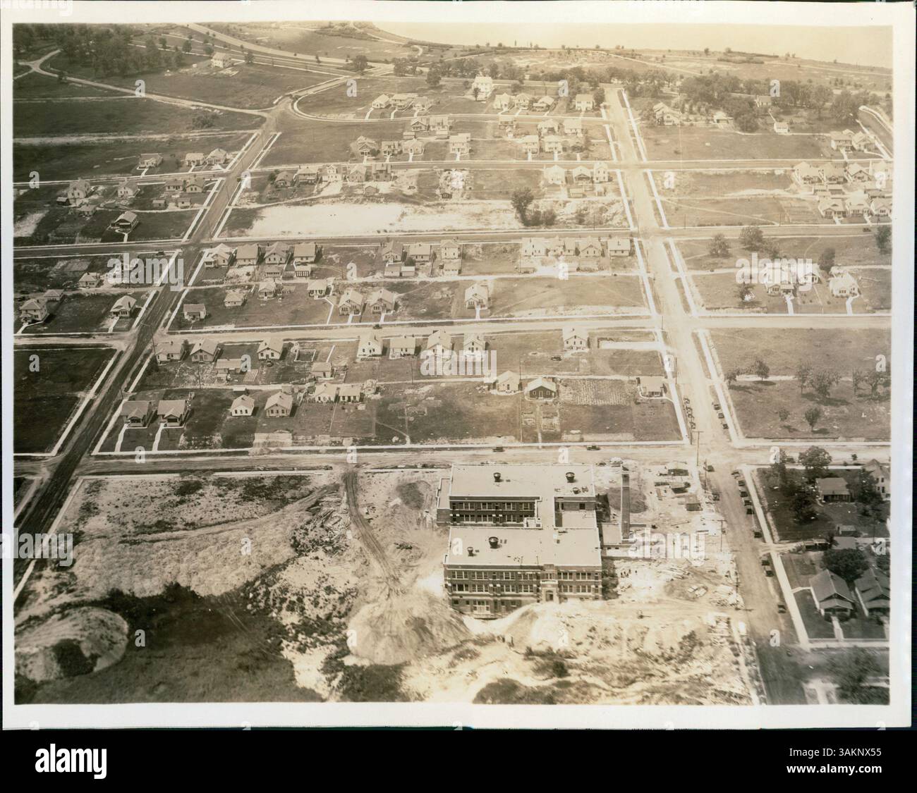 An aerial view of Keewaydin School under construction, looking westward ...