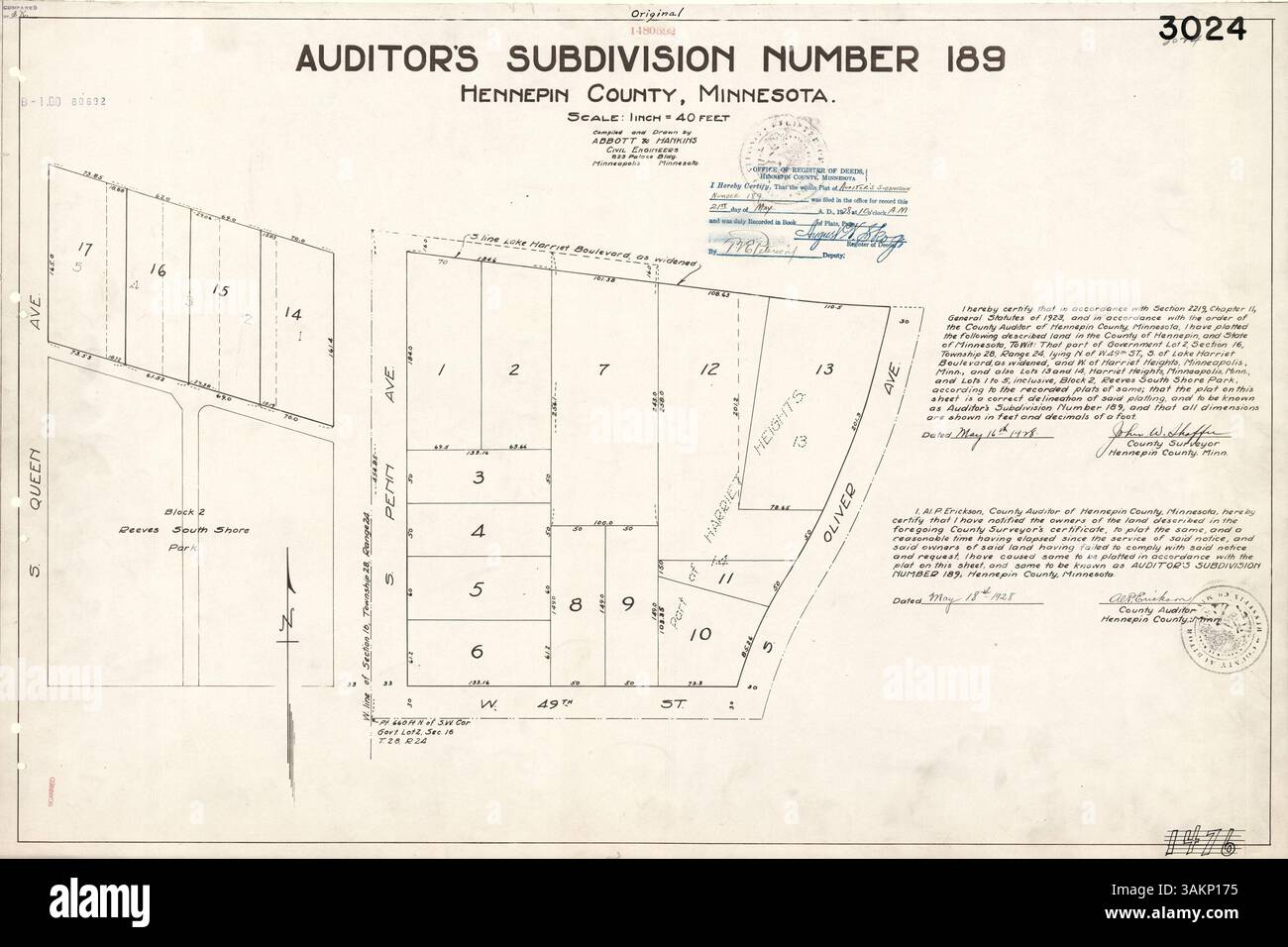 A map of Auditor's Subdivision Number 189 in Minneapolis Stock Photo ...