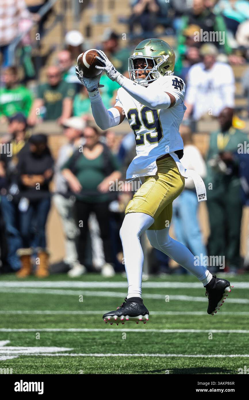 April 12, 2025: Notre Dame defensive back Christian Gray (29) during pregame of the Notre Dame ...