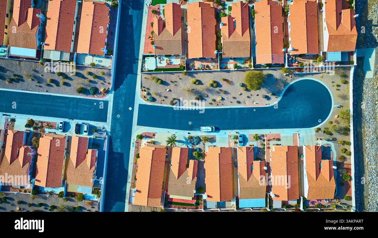 Aerial Top Down of Desert Suburbia with Curved Cul-de-Sac in Nevada ...