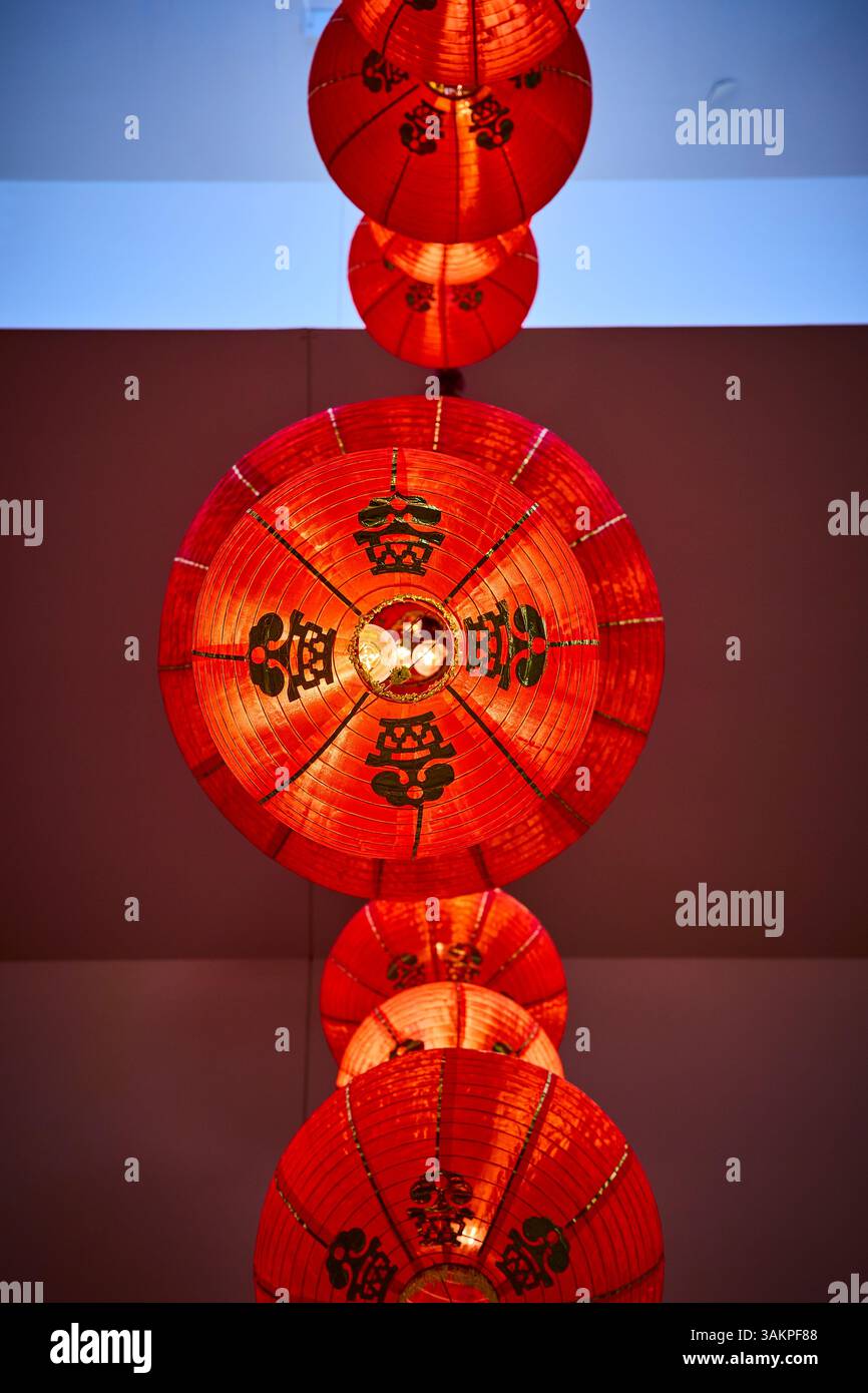 Illuminated Red Chinese Lanterns Vertical View from Below Stock Photo ...