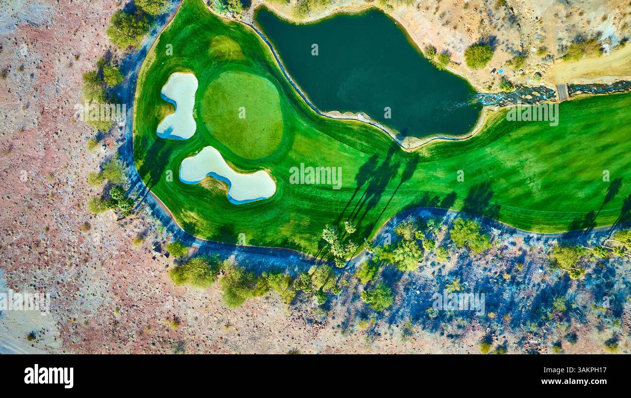 Aerial Top Down of Desert Oasis Golf Course with Sand Bunkers and Water ...