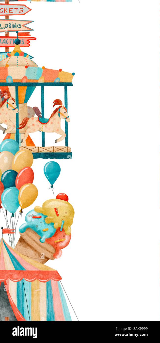 A whimsical scene of a decorated carousel, colorful balloons above, and ...