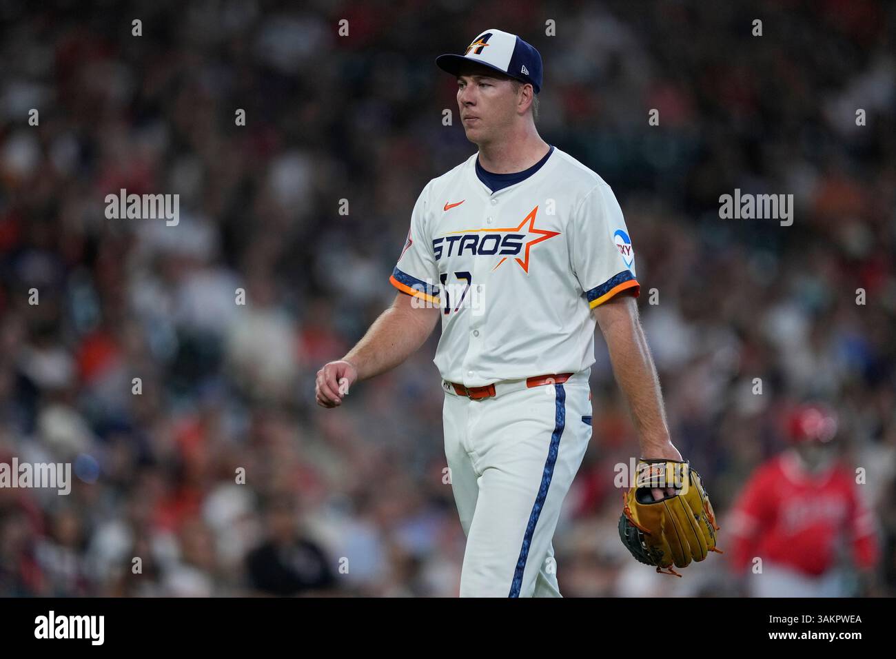 Houston Astros starting pitcher Ryan Gusto (67) walks to the dubout ...