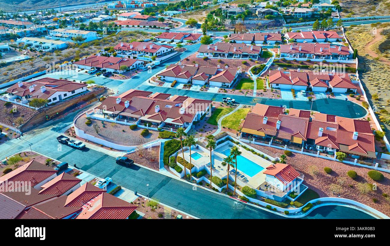 Aerial Suburban Desert Oasis with Red Roofs and Pool in Nevada Stock ...