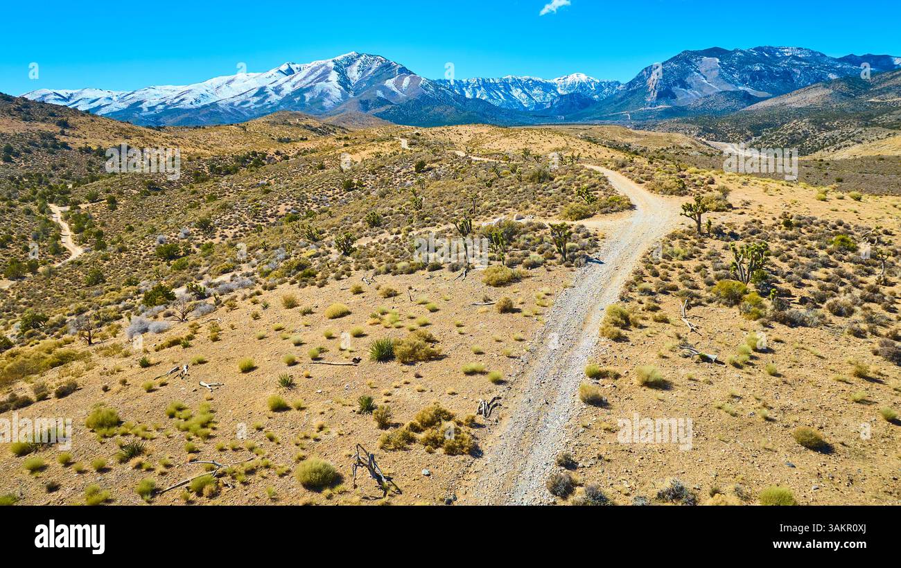Aerial of Desert Road Leading to Snowy Mountains in Nevada Stock Photo ...