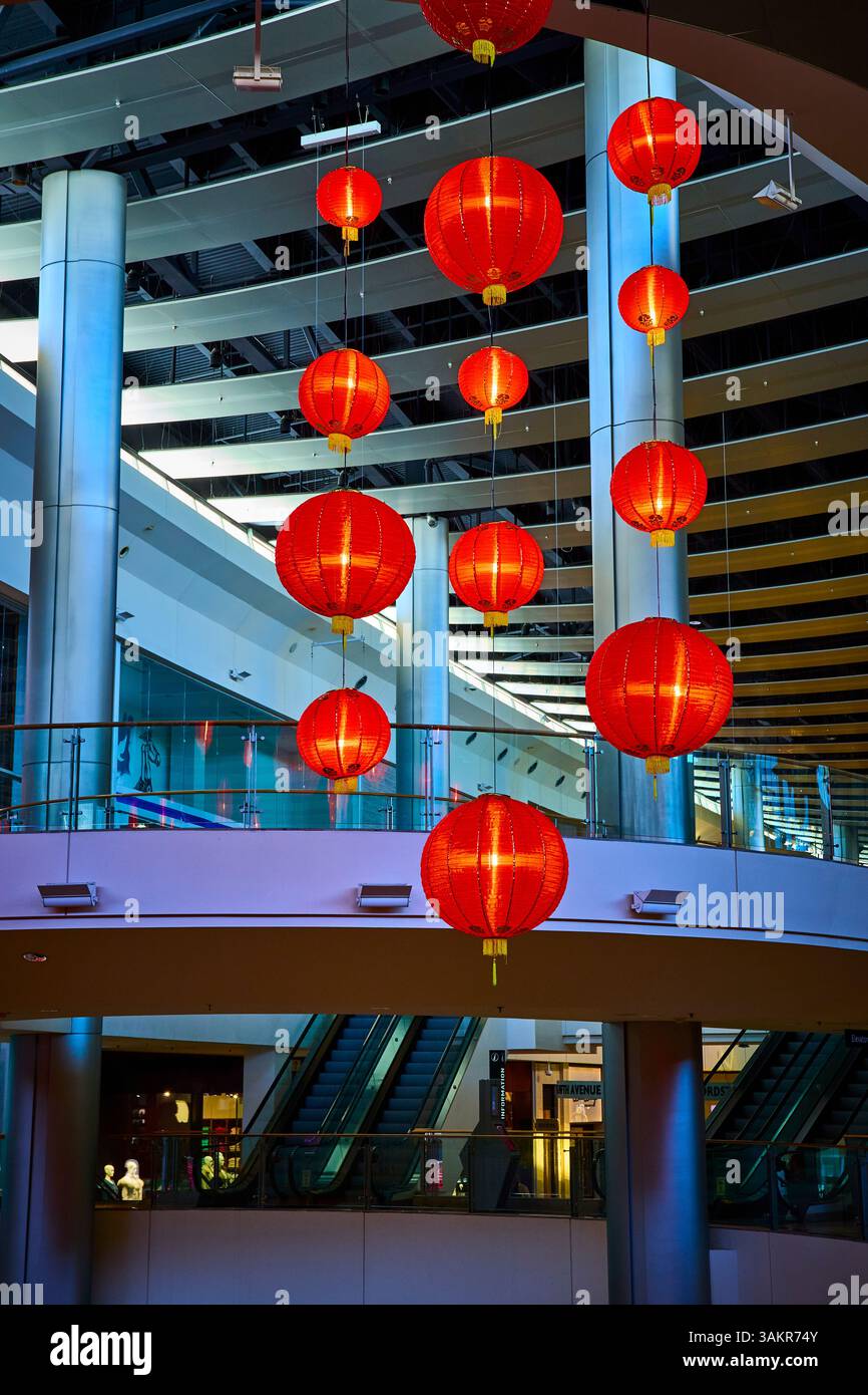 Vibrant Red Lanterns in Modern Mall with Low Angle Perspective Stock ...