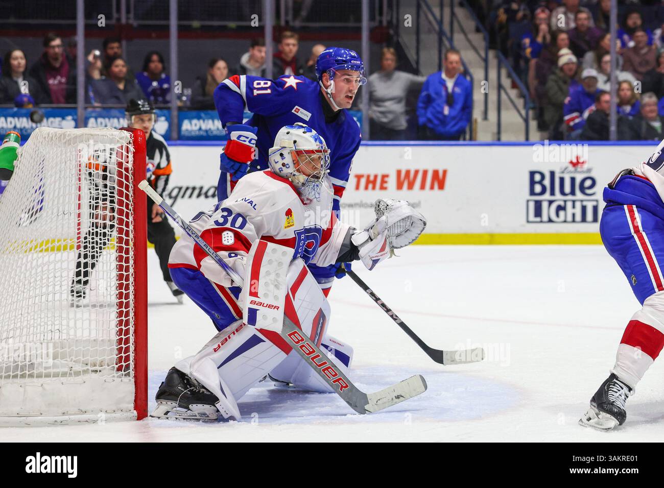 April 11th 2025: Laval Rocket goaltender Cayden Primeau (30) makes a ...