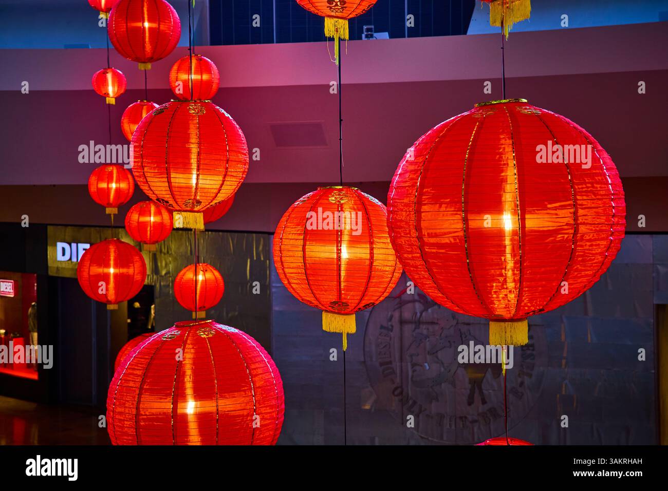 Vibrant Red Chinese Lanterns in Shopping Mall Eye-Level Perspective ...