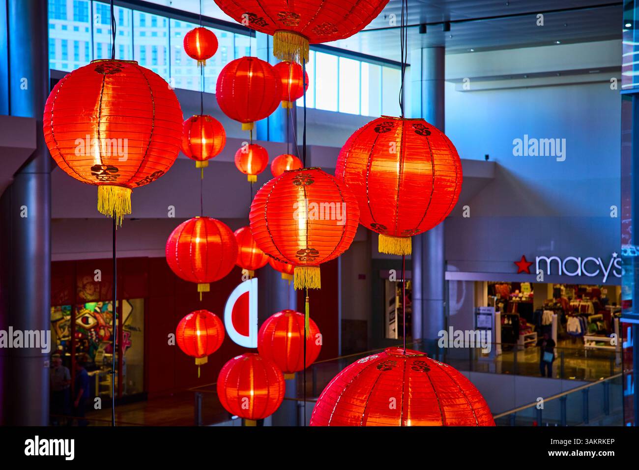 Vibrant Red Lanterns in Modern Mall Festive Display Eye-Level ...