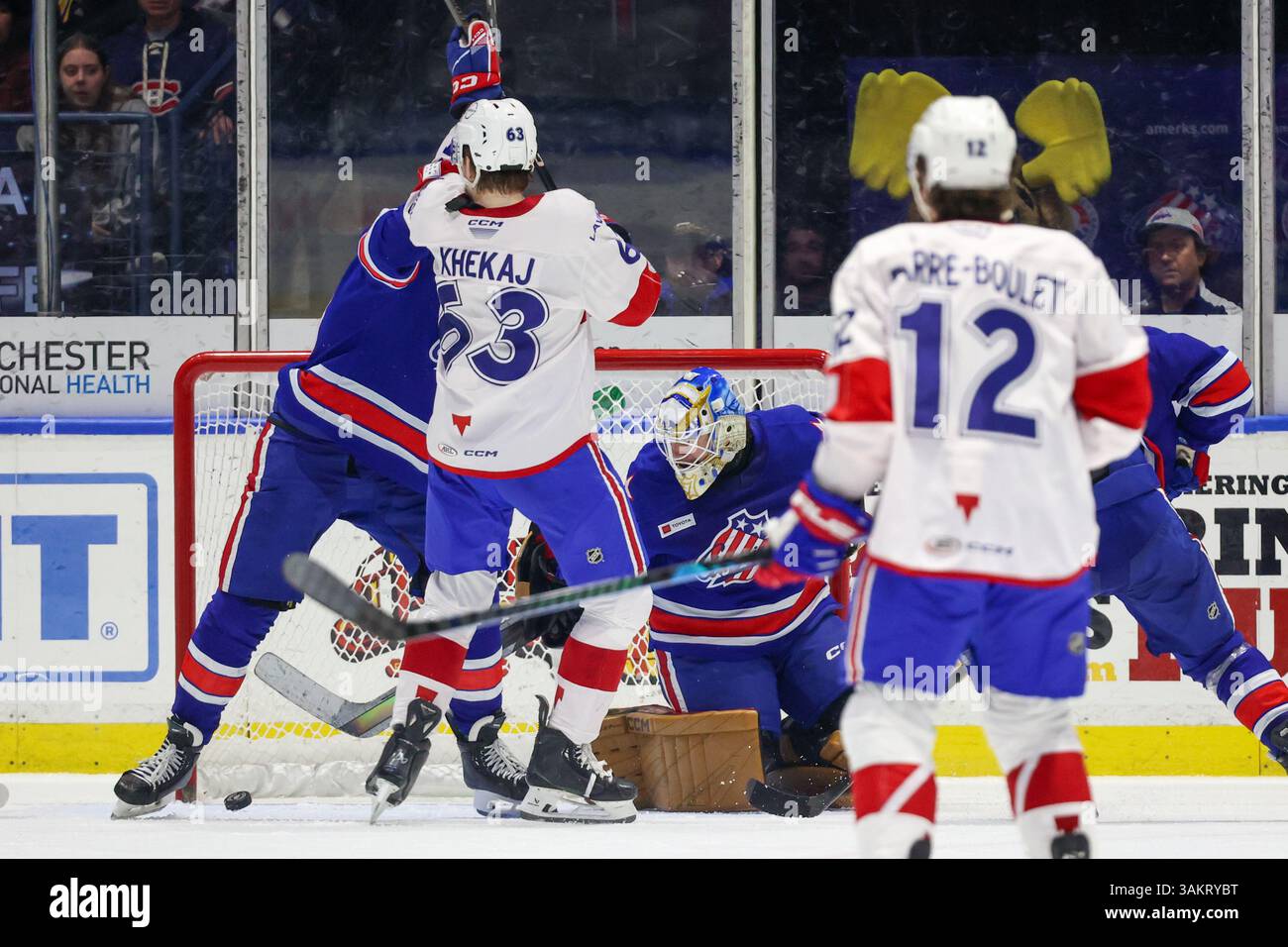 April 11th 2025: The puck enters the net past Rochester Americans ...