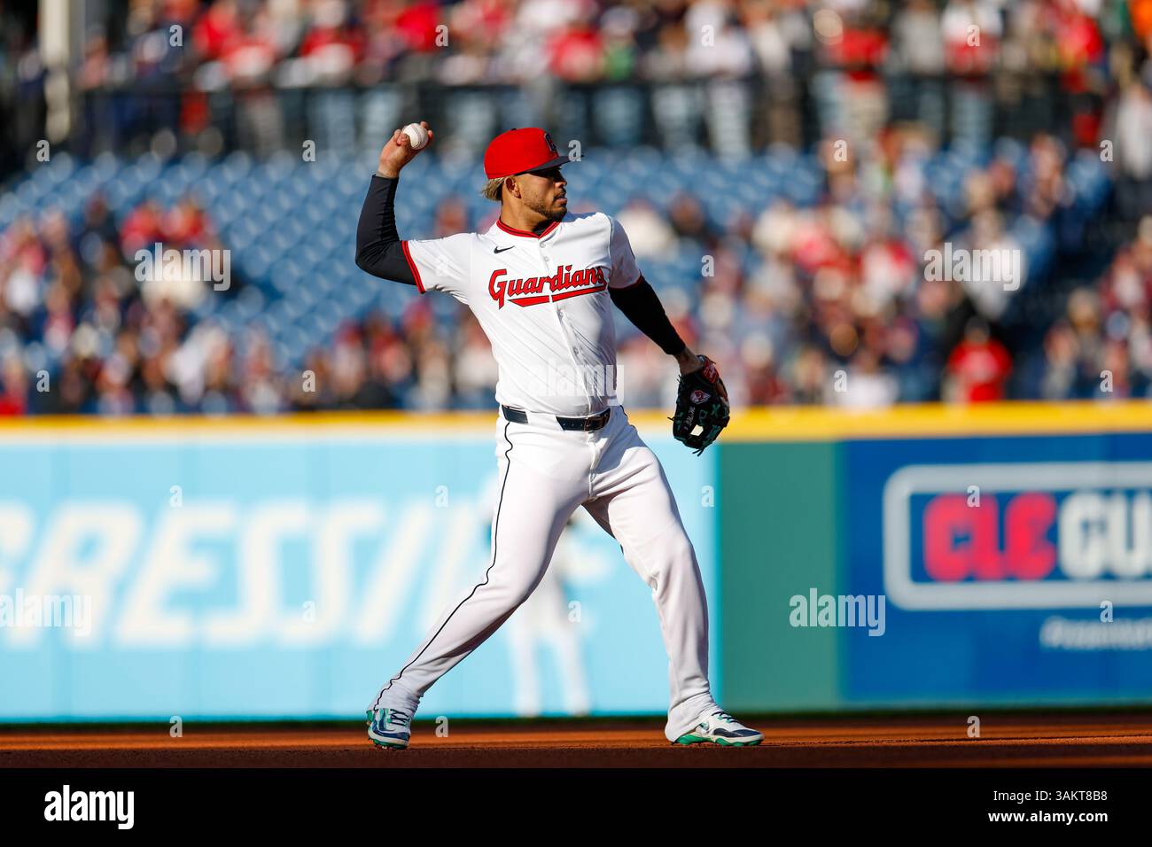 April 12, 2025: Cleveland Guardians shortstop Brayan Rocchio (4) throws ...