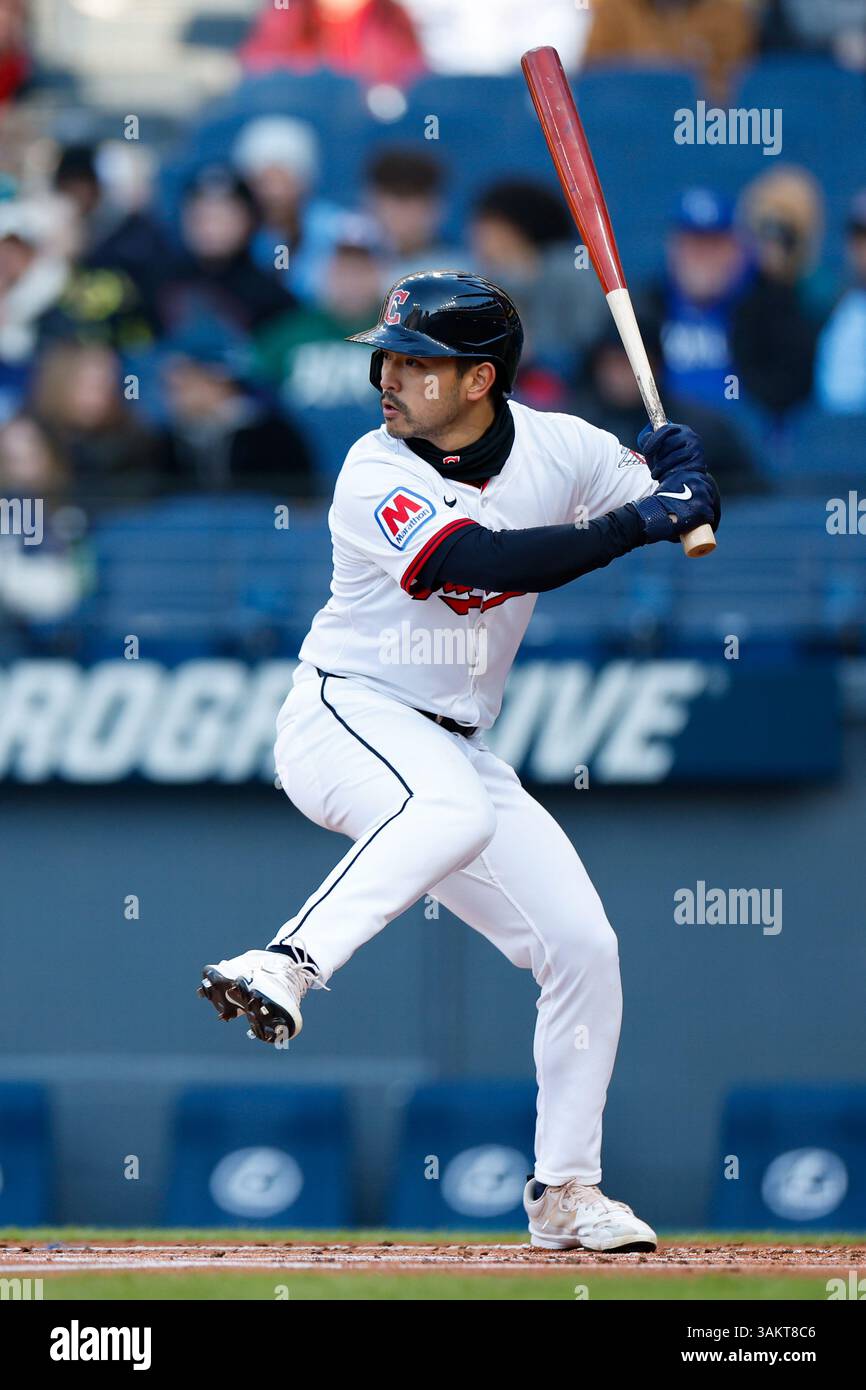 April 12, 2025: Cleveland Guardians outfielder Steven Kwan (38) readies ...