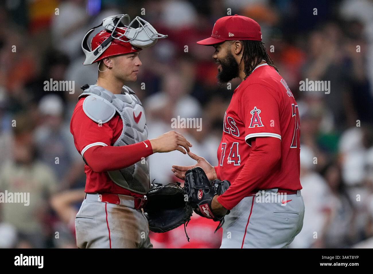 Los Angeles Angels catcher Logan O'Hoppe (14) and pitcher Kenley Jansen ...