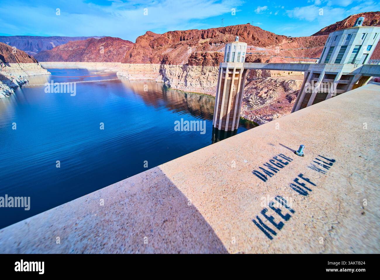 Hoover Dam and Lake Mead with Caution Sign Aerial Stock Photo - Alamy