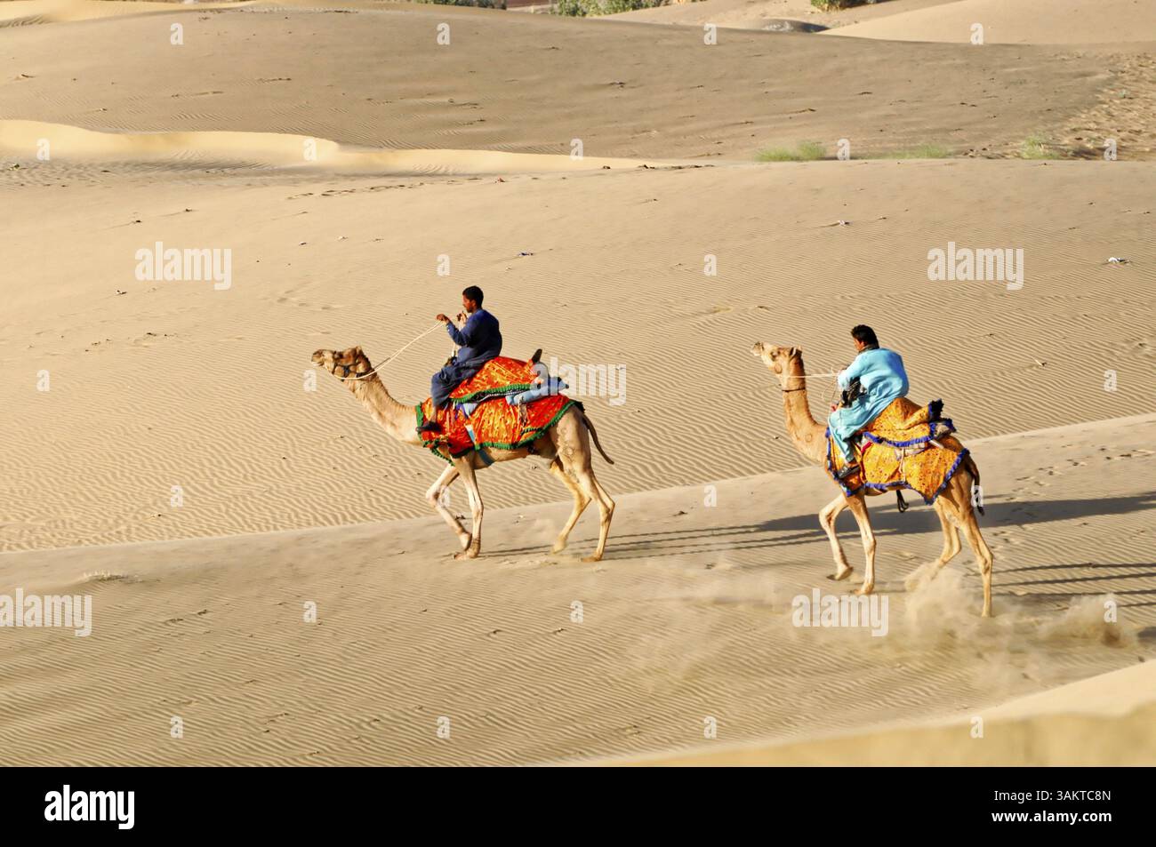 Thar Desert, Sam, near Jaisalmer, Rajasthan, India, Asia, Two riders on ...