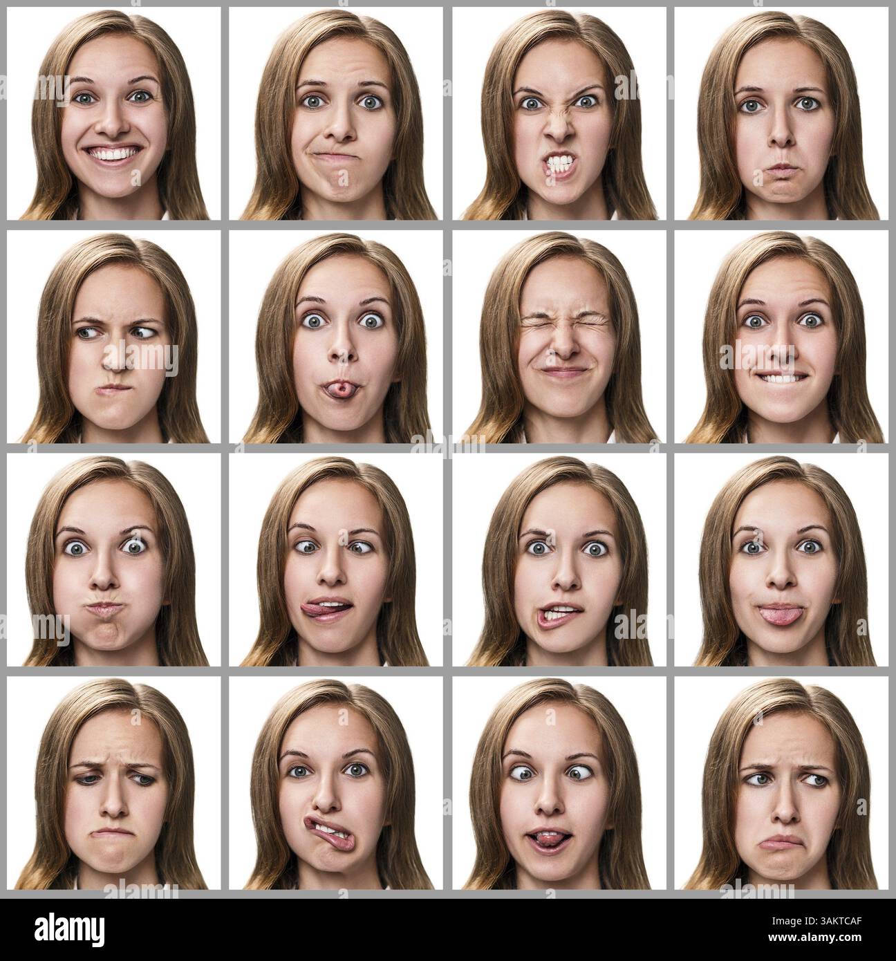 Multiple close-up portraits of the same woman expressing different ...