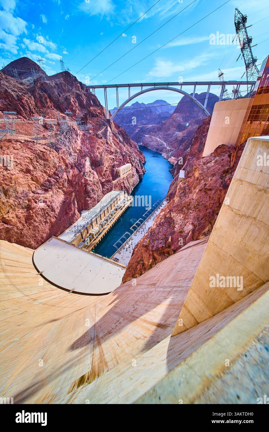 Aerial of Hoover Dam and Memorial Bridge Over Colorado River Stock ...
