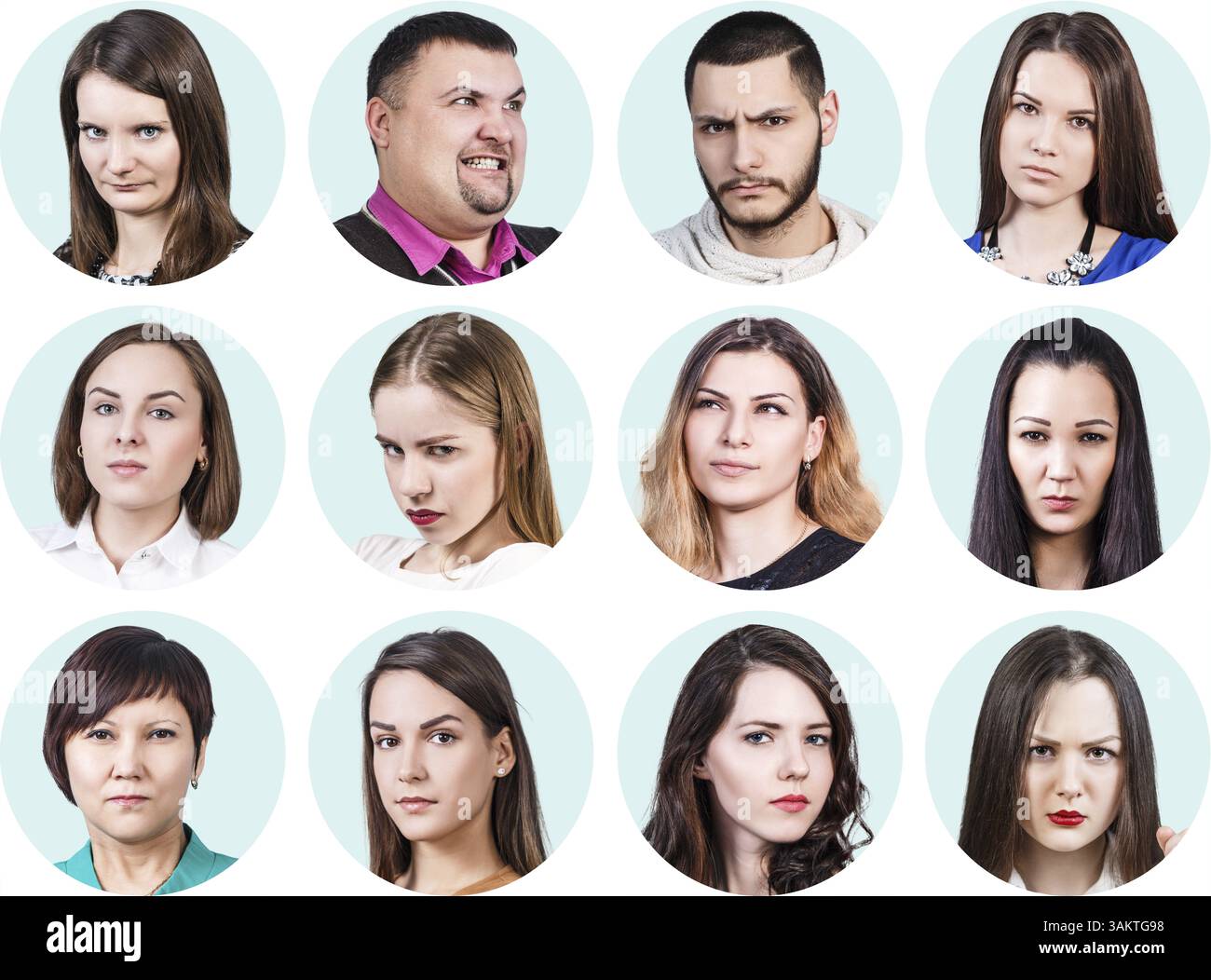 Collage of different people with anger emotions in circle isolated on ...