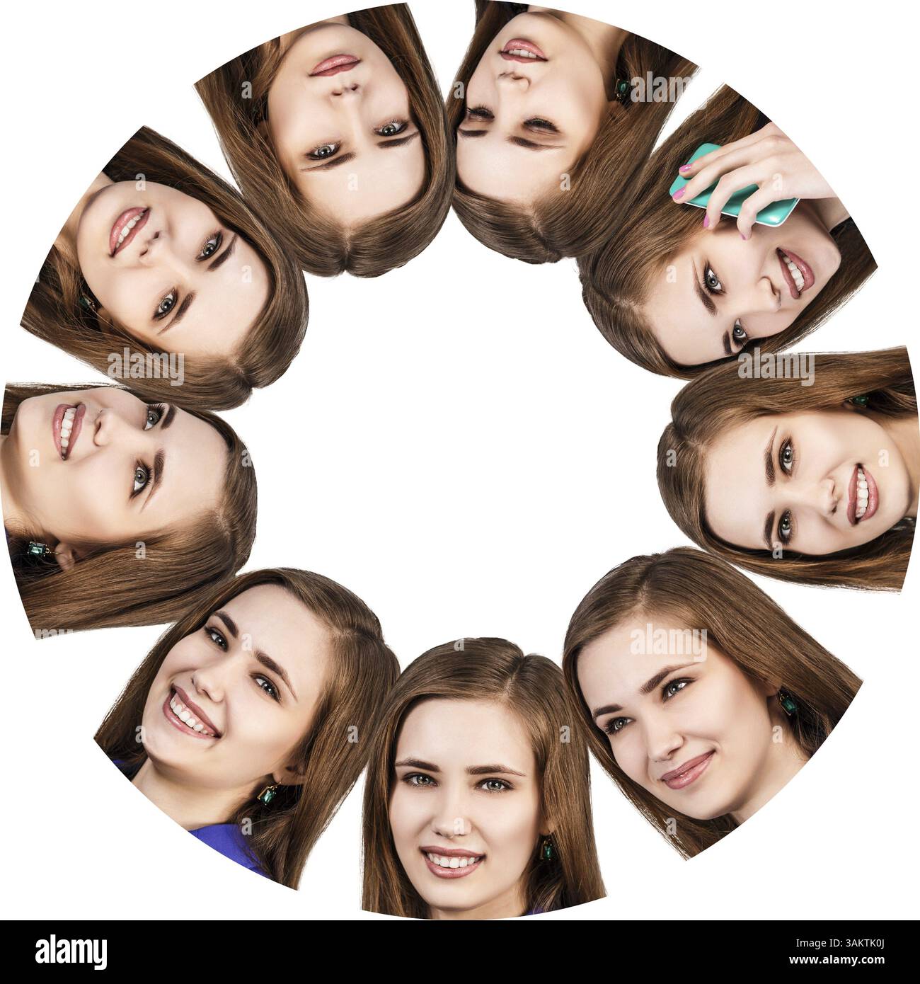Collage of woman with different emotions in circle. Frame with copy ...
