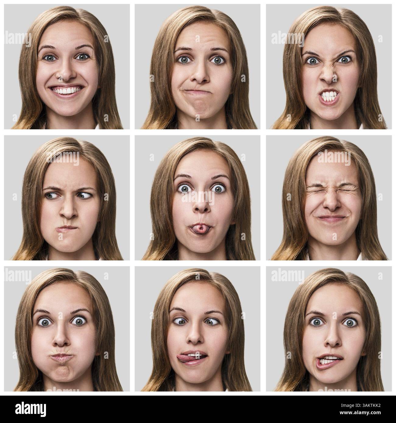 Multiple close-up portraits of the same woman expressing different ...