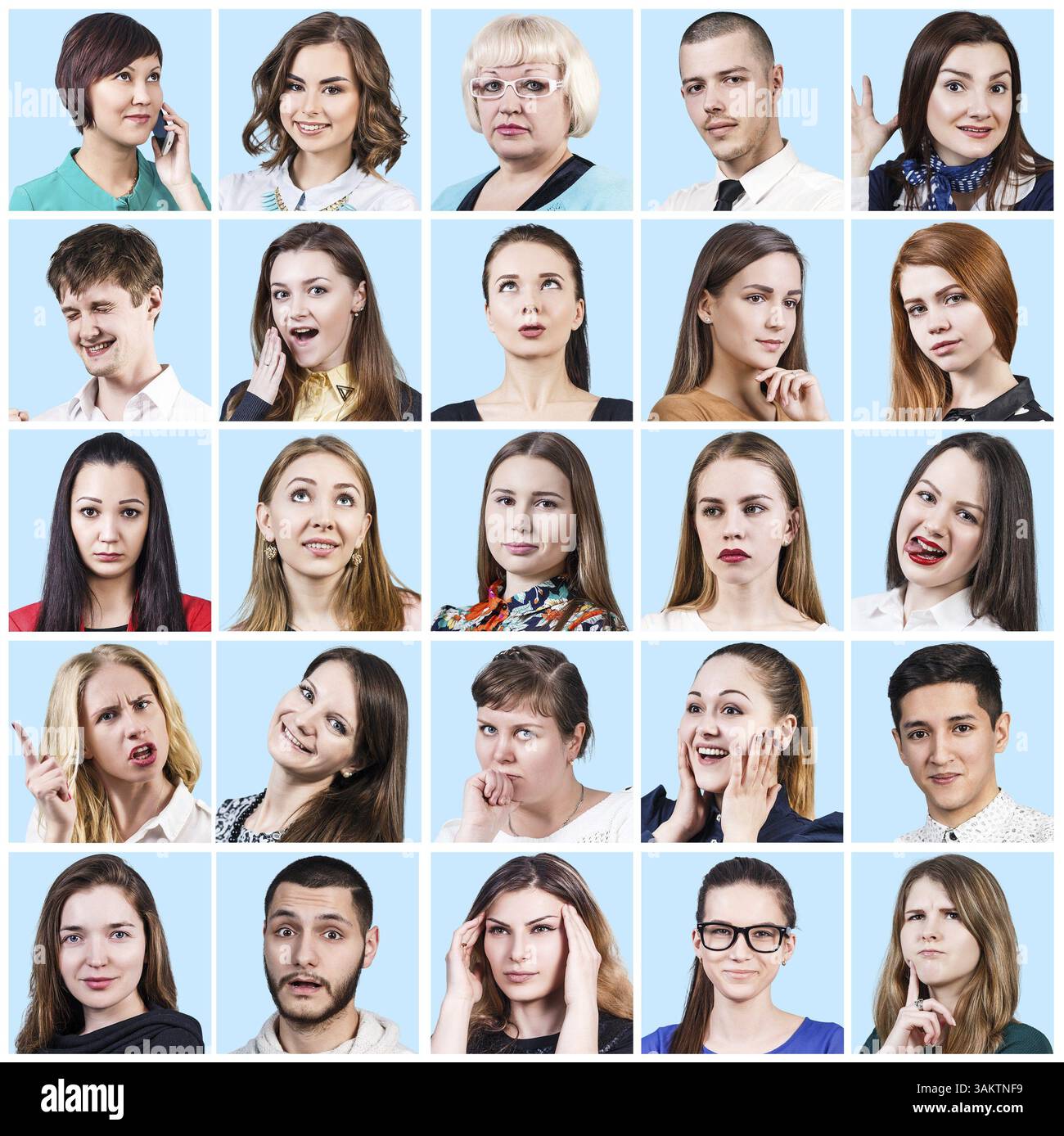 Collage of diverse people expressing different emotions over blue ...
