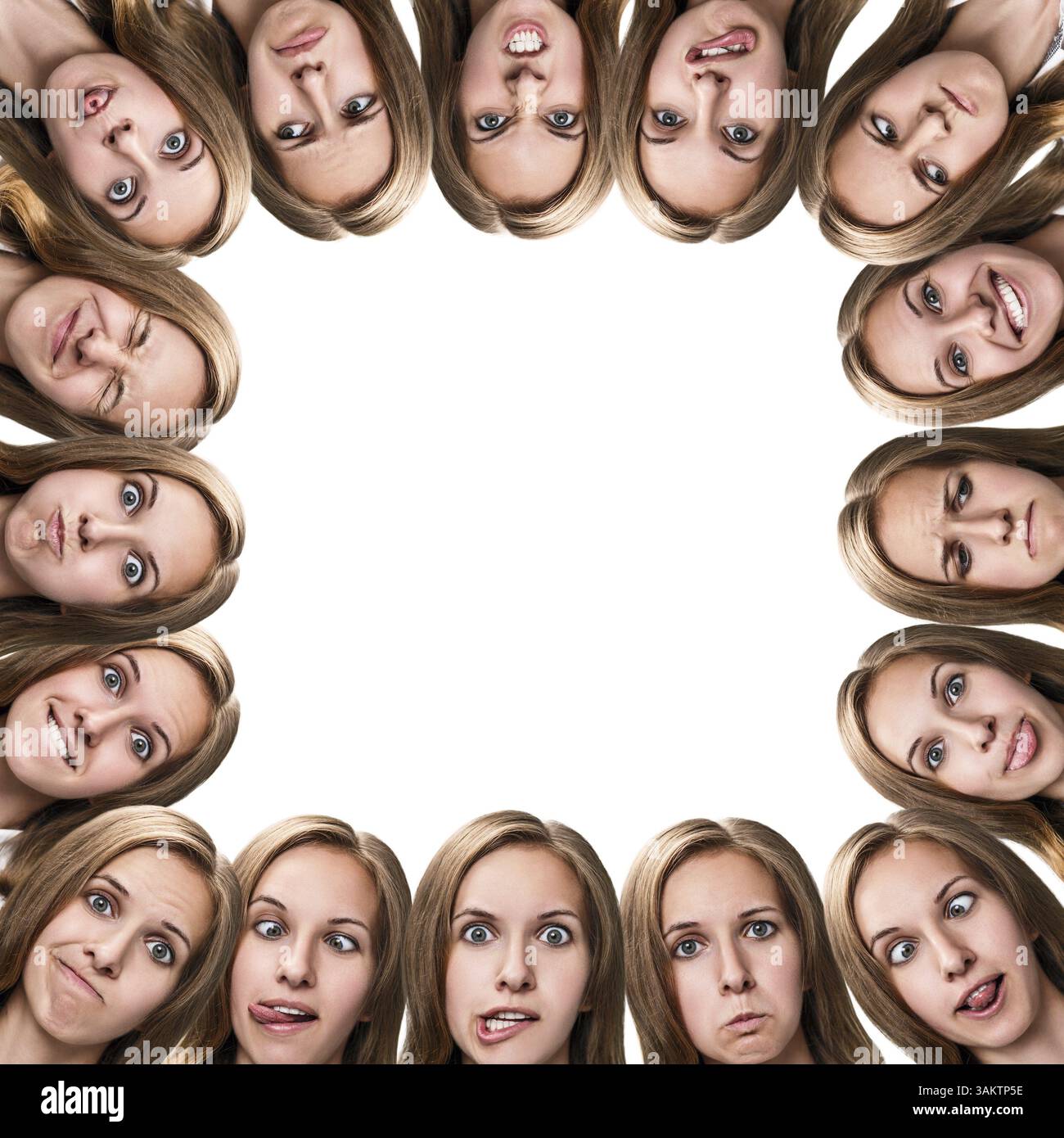Collage of woman with different emotions forms a frame with copy space ...