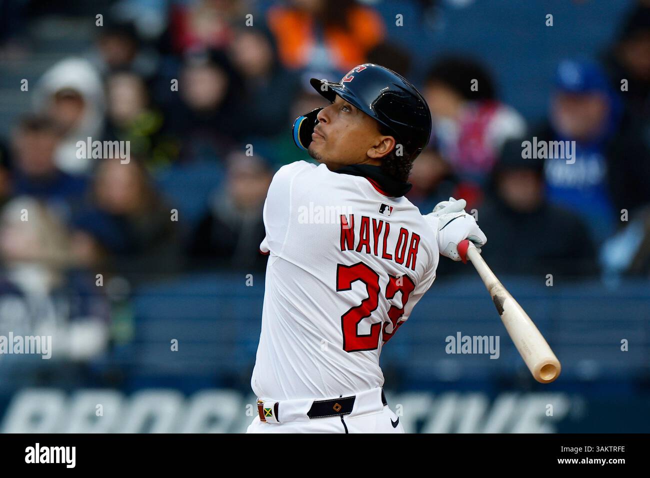 April 12, 2025: Cleveland Guardians catcher Bo Naylor (23) watches a ...