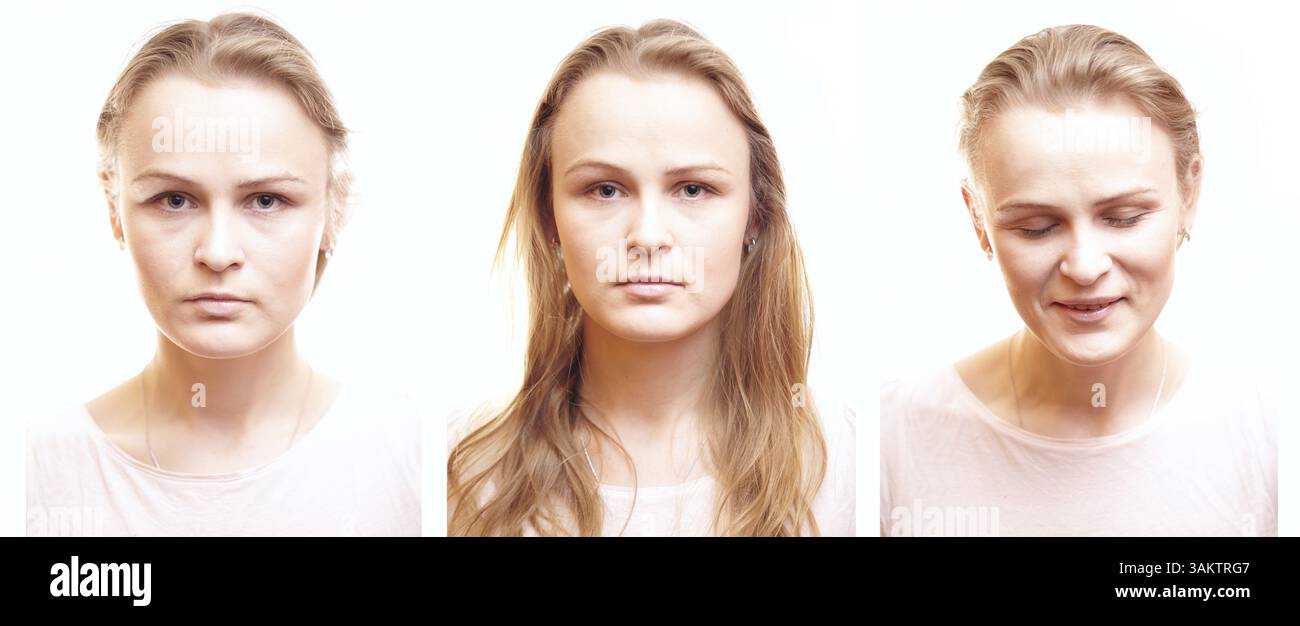 Girl passport photos collage on white background with different ...