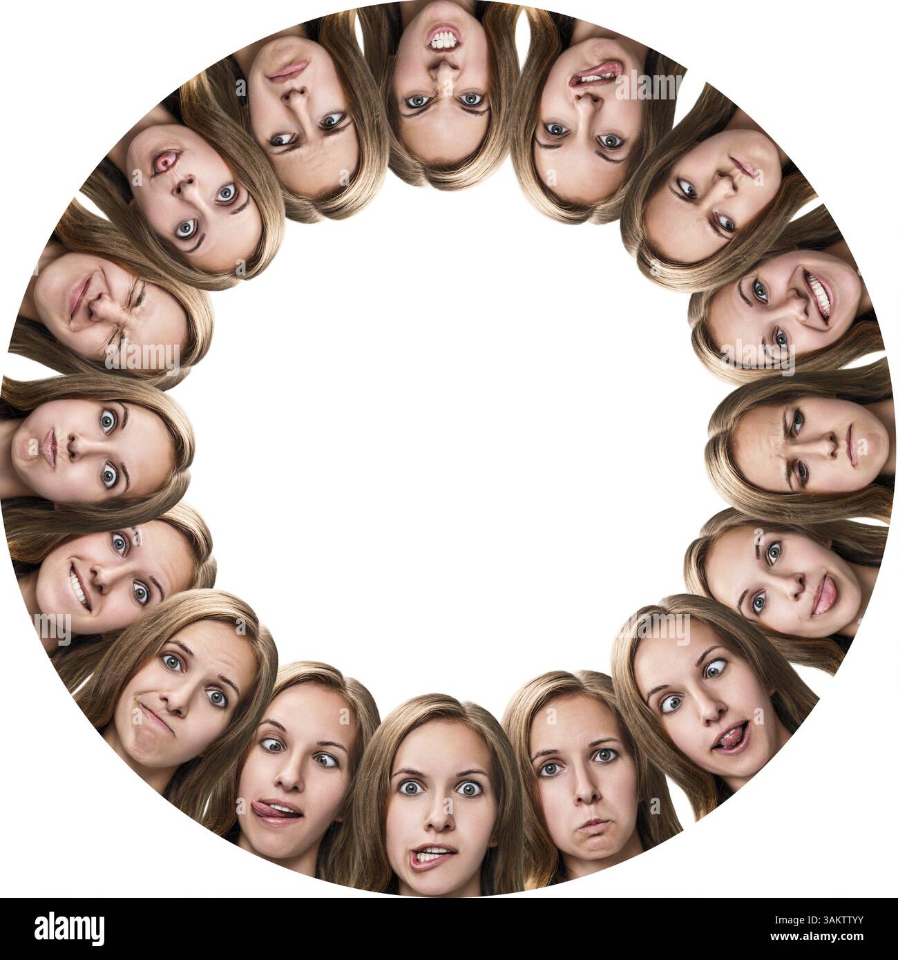 Collage of woman with different emotions in circle. Frame with copy ...